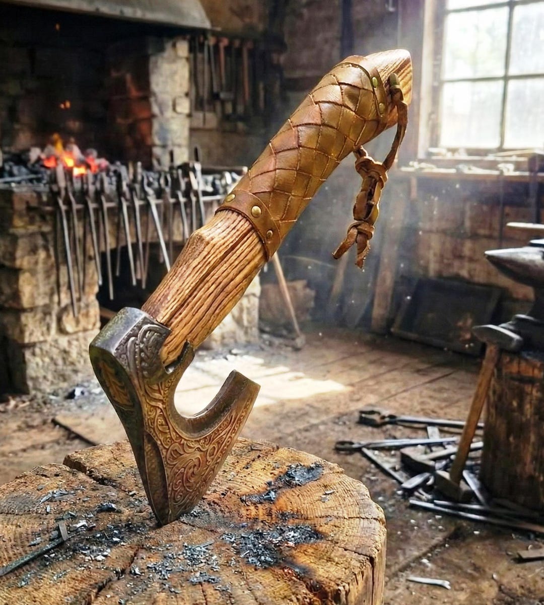 Hand-forged Damascus Steel Viking Axe | Braided Leather Wood Handle ...