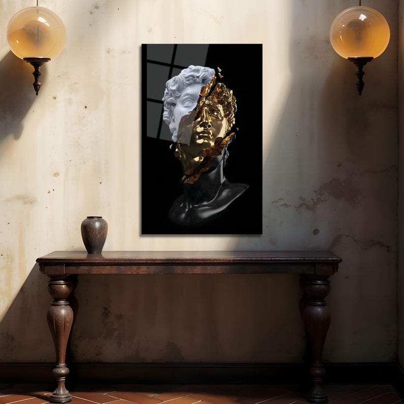 Luxury Gold Face Sculpture Glass Wall Art – Modern Abstract David Bust ...