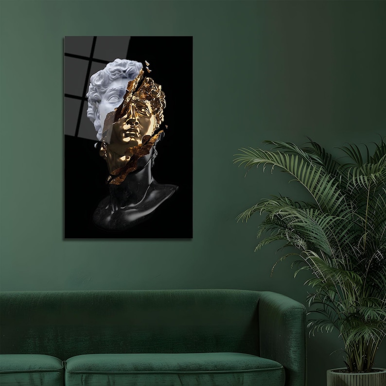 Luxury Gold Face Sculpture Glass Wall Art – Modern Abstract David Bust ...