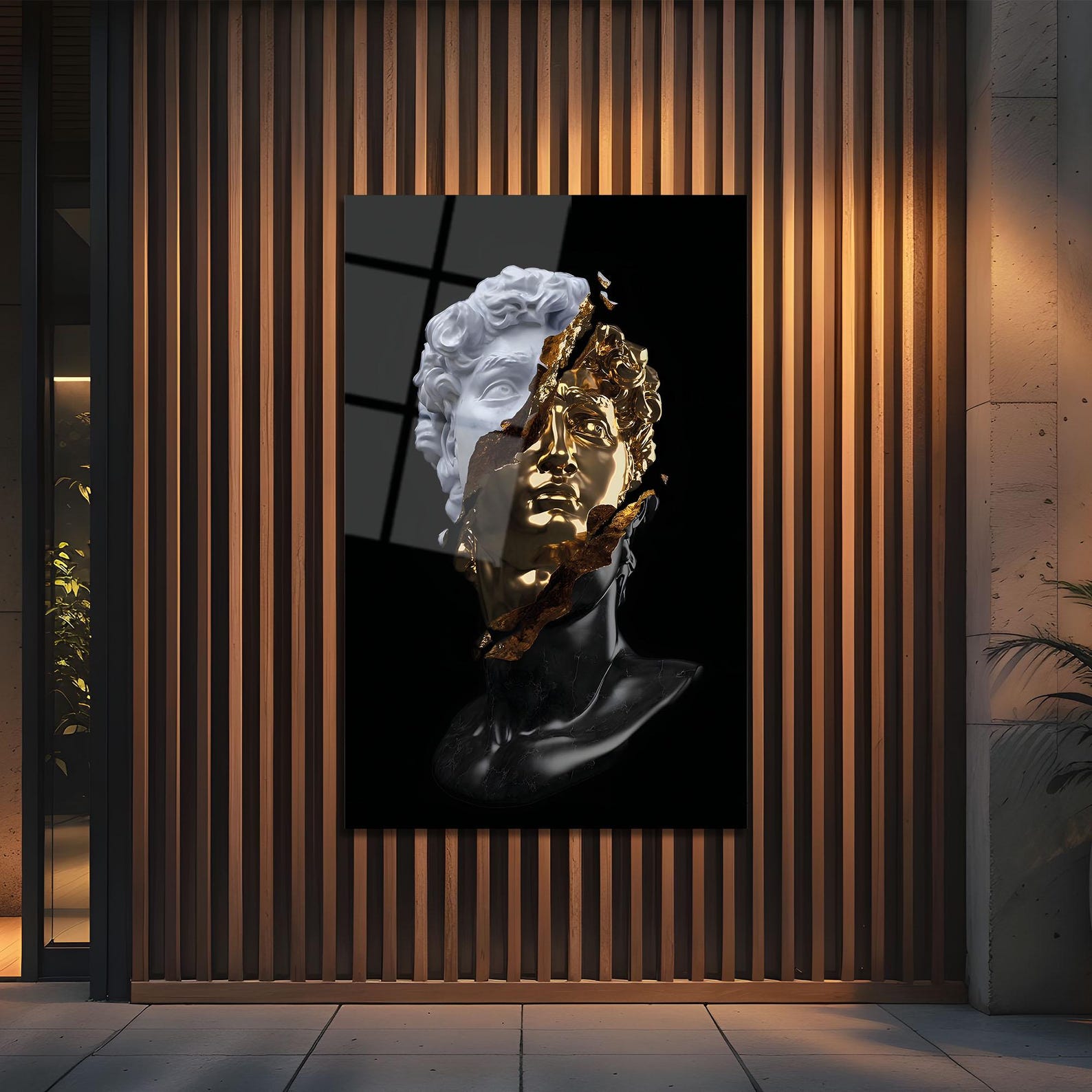 Luxury Gold Face Sculpture Glass Wall Art – Modern Abstract David Bust ...