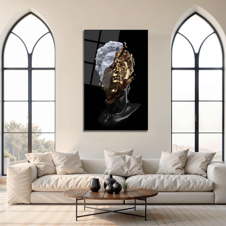 Luxury Gold Face Sculpture Glass Wall Art – Modern Abstract David Bust ...