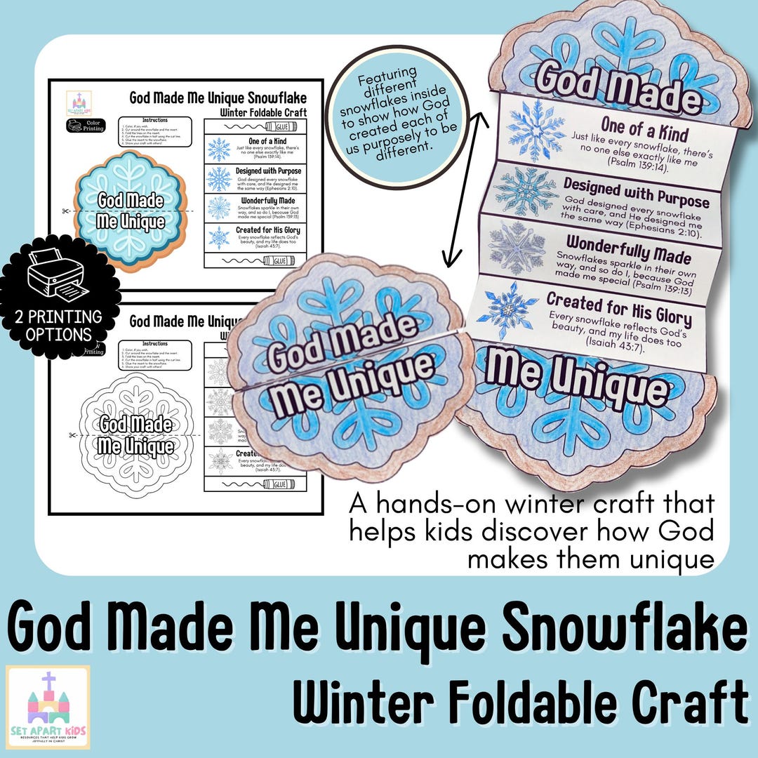Snowflake Winter Foldable Craft: God Made Me Unique | Sunday School ...