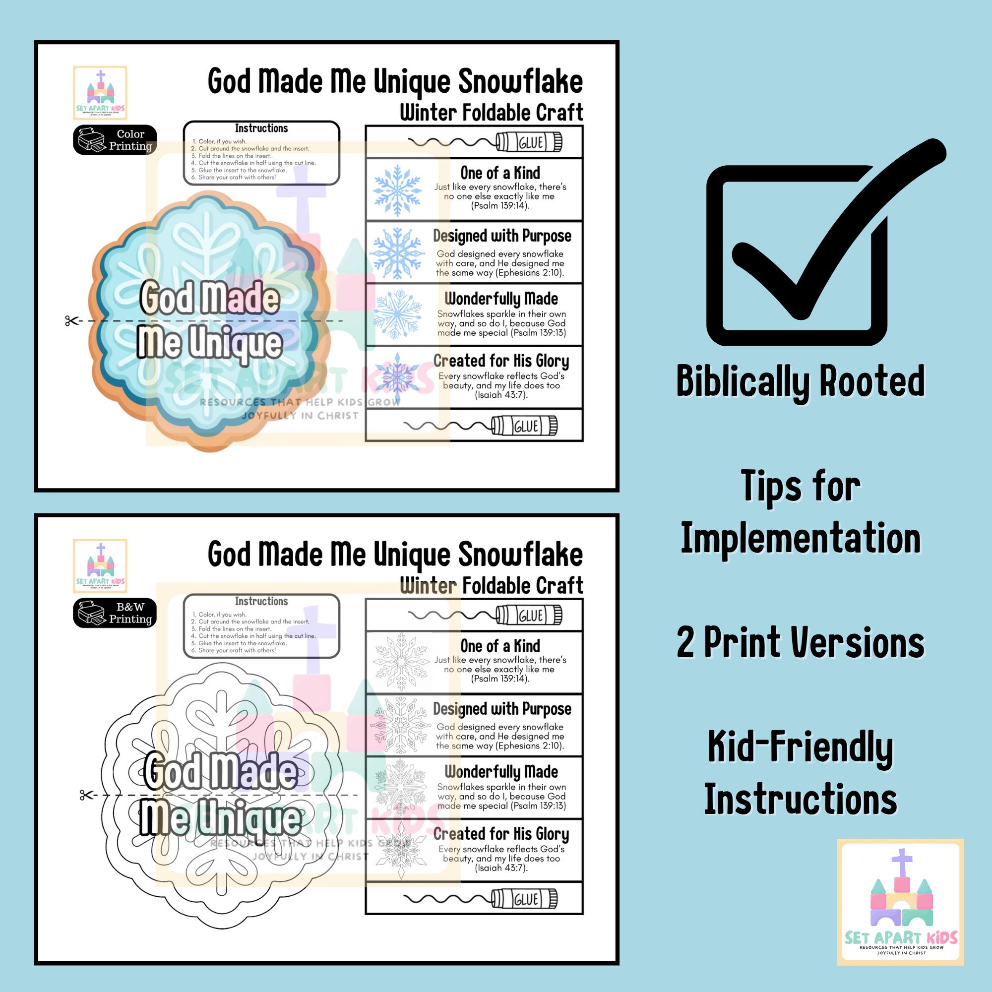 Snowflake Winter Foldable Craft: God Made Me Unique | Sunday School ...