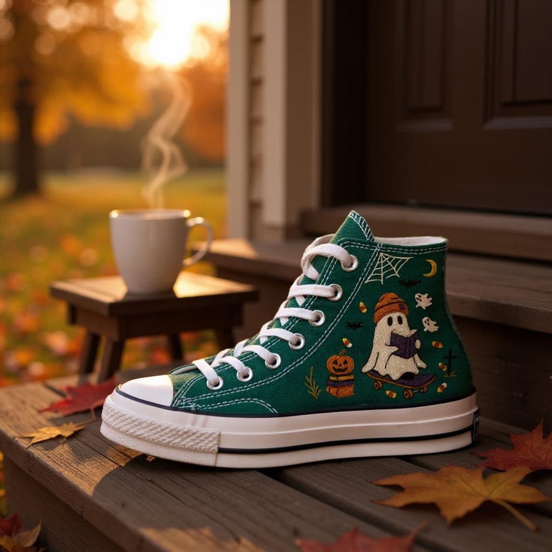 Spooky Green Converse Sneakers – Hand Painted Ghost & Pumpkin Shoes for ...