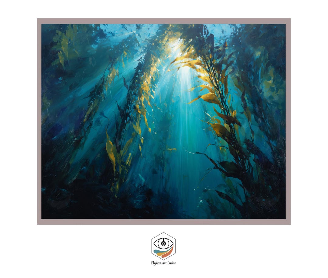 Sunlit Kelp Forest Oil Painting Print, Underwater Ocean Wall Art ...