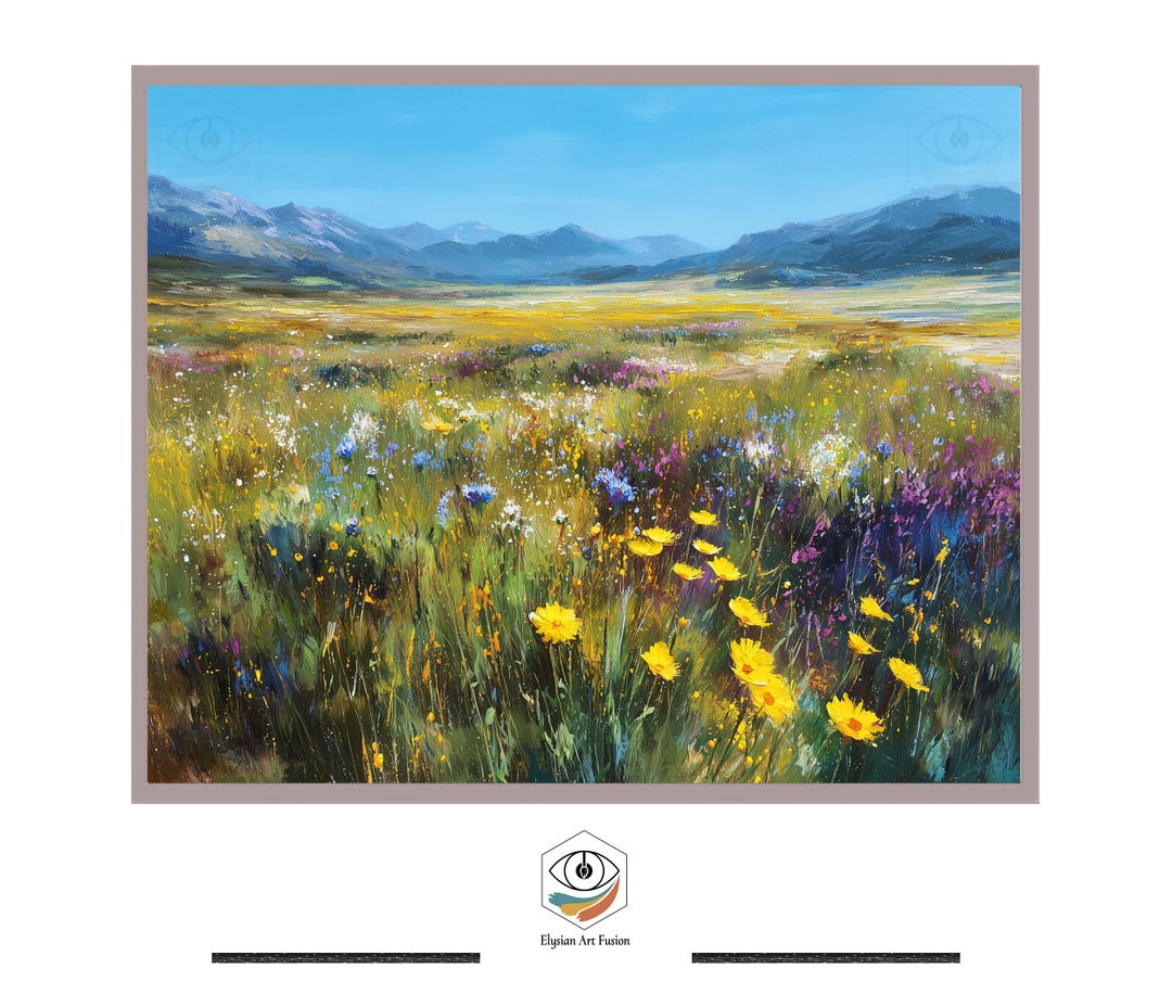 Thick Texture Wildflower Field, Yellow and Purple Floral Art, Summer ...