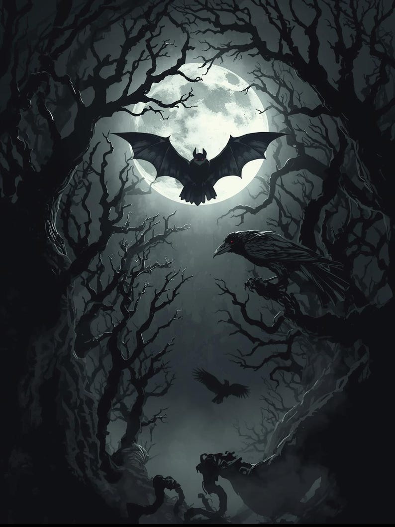 Gothic Moon Art Print: Raven and Bat Spooky Night Sky (digital Download ...