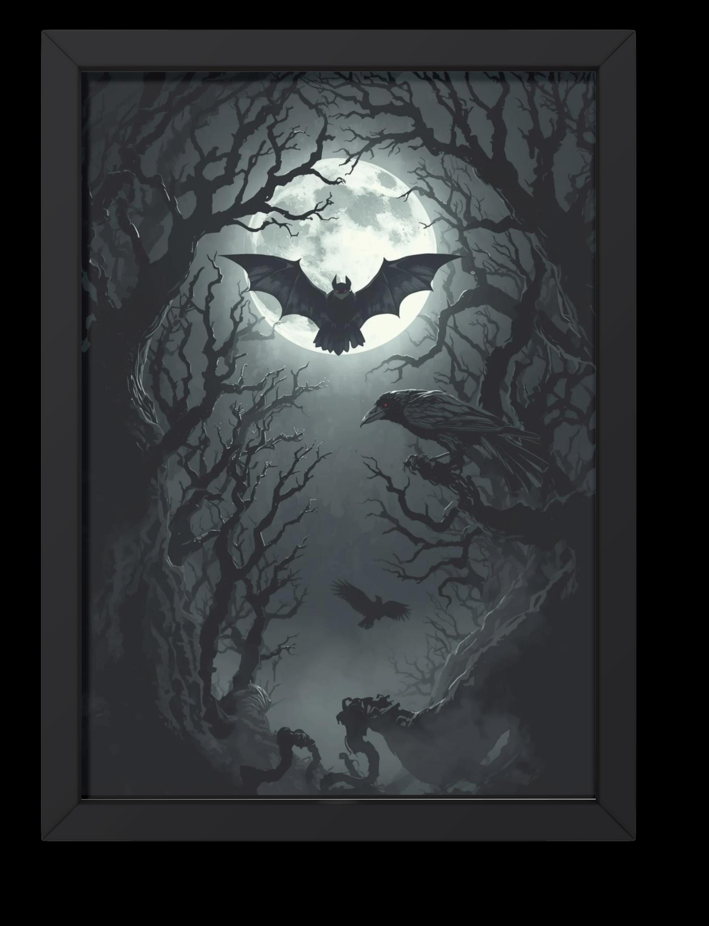 Gothic Moon Art Print: Raven and Bat Spooky Night Sky (digital Download ...