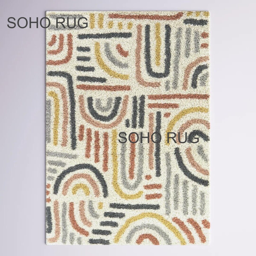 Modern Funky Line Art Rug | Abstract Arch Pattern | Terracotta, Mustard ...