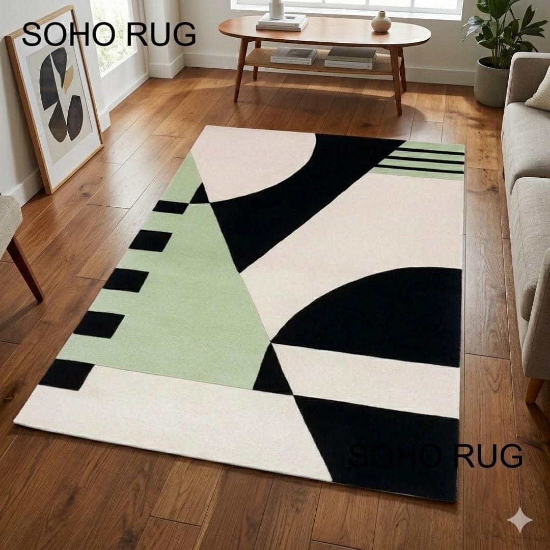 Modern Abstract Geometric Rug - Sage Green and Black Hand-tufted Wool ...