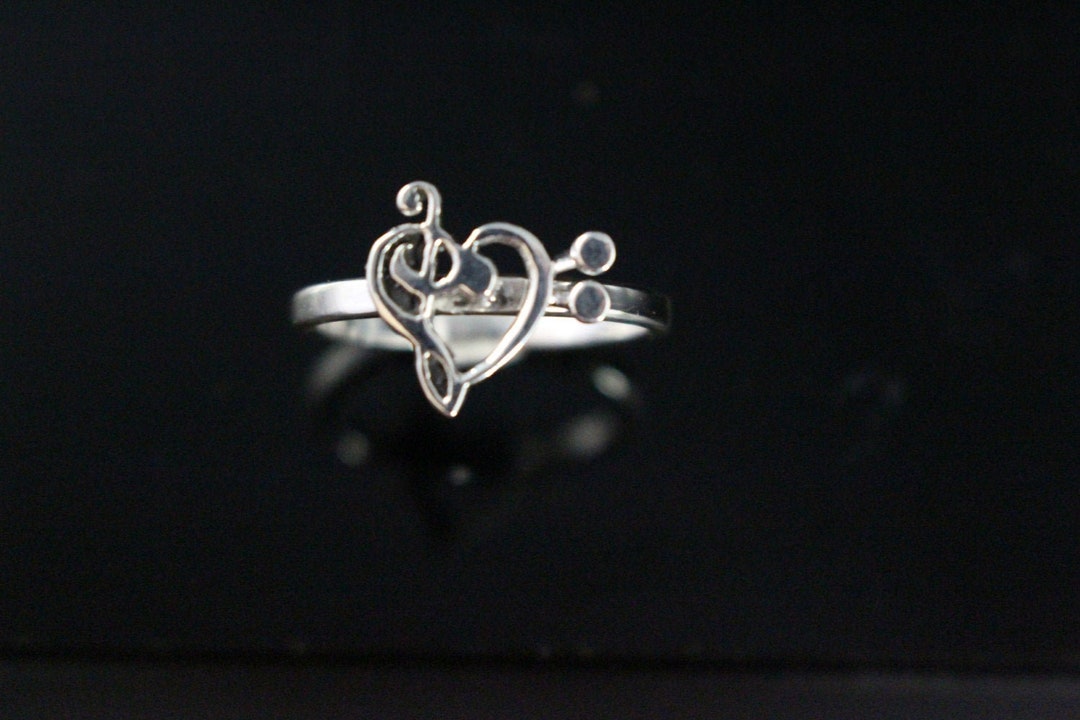 Music Heart Ring, Treble Bass Clef Musical Love Jewelry Sterling Silver ...