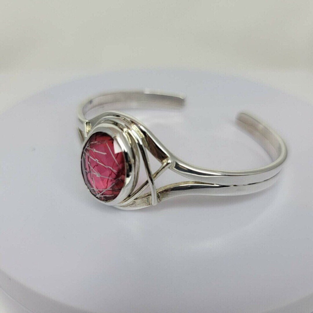 Pink Rutilated Quartz Cuff, Handmade Silver Pink Gemstone Bracelet ...