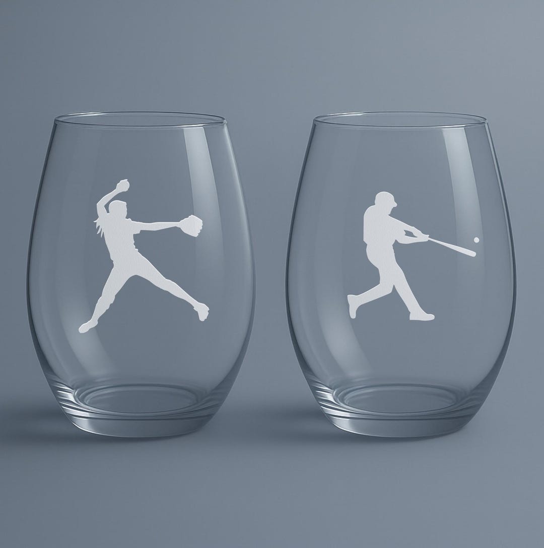 His and Hers Baseball Softball Glasses – Etched & Engraved Wine, Pint ...
