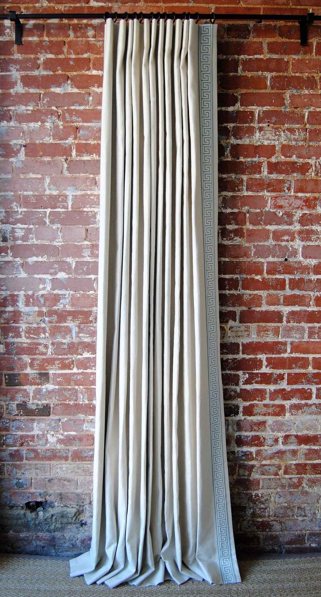85" - 96"l Greek Key Panel - Solid Linen With Greek Key Tape Trim ...