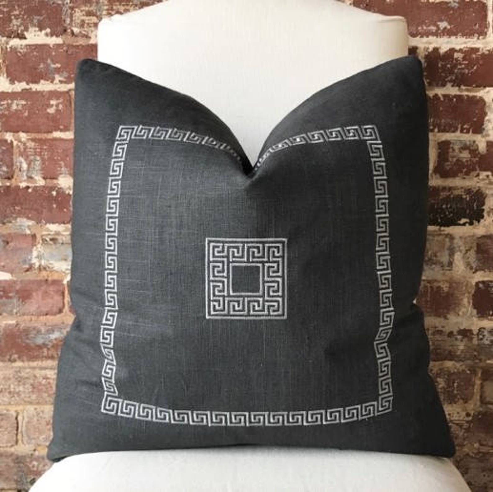 Greek Key Embroidered Pillow - Charcoal and Silver - 20" X 20" - Etsy
