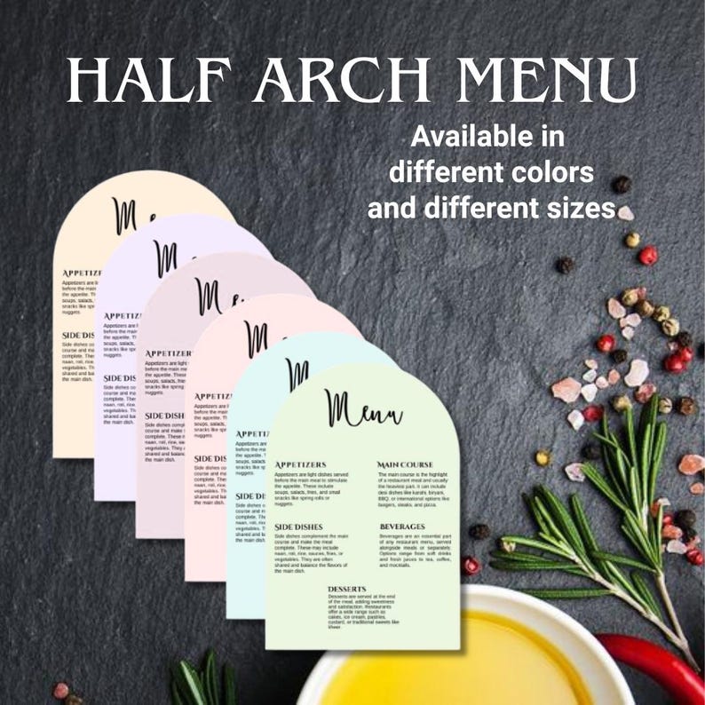 Set of 6 Color Splash Half Arch Menu Cards | Modern Editable Printable ...