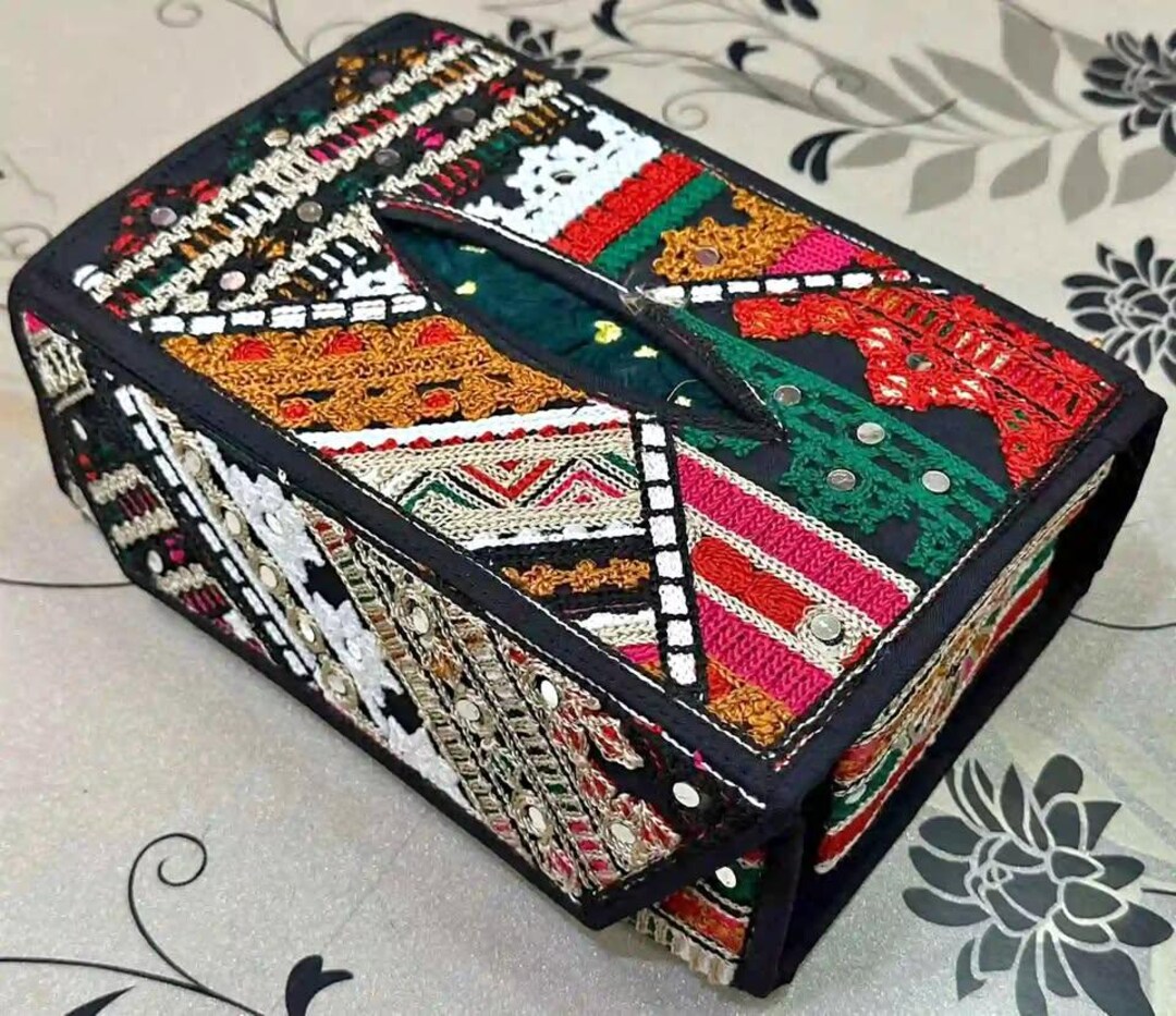 Handmade Antique Embroidered Tissue Box Cover – Multi-color Thread Work ...