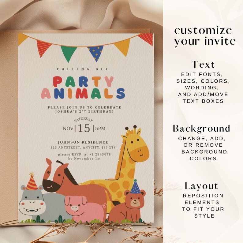 Editable Party Animals Birthday Invitation | Kids Safari Zoo Animal ...