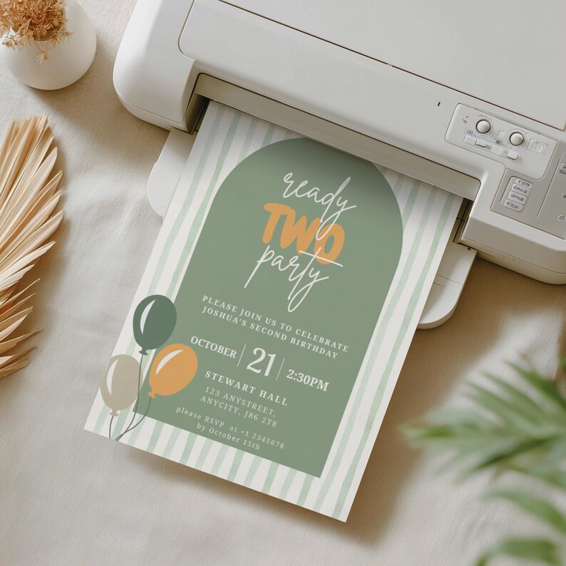 Ready Two Party Invitation | Boy 2nd Birthday Editable Invite | Green ...