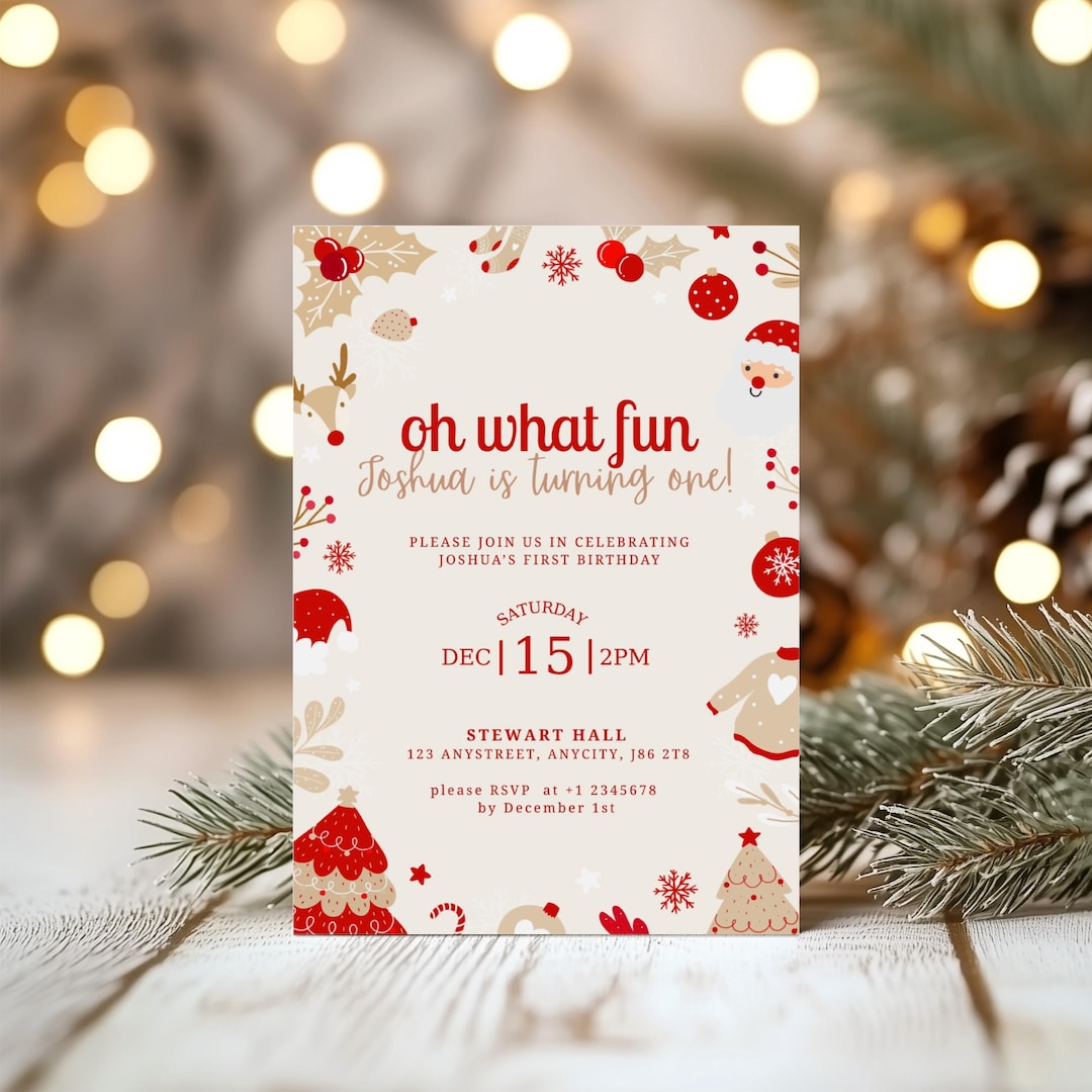 Oh What Fun Christmas First Birthday Invitation, Holiday 1st Birthday ...