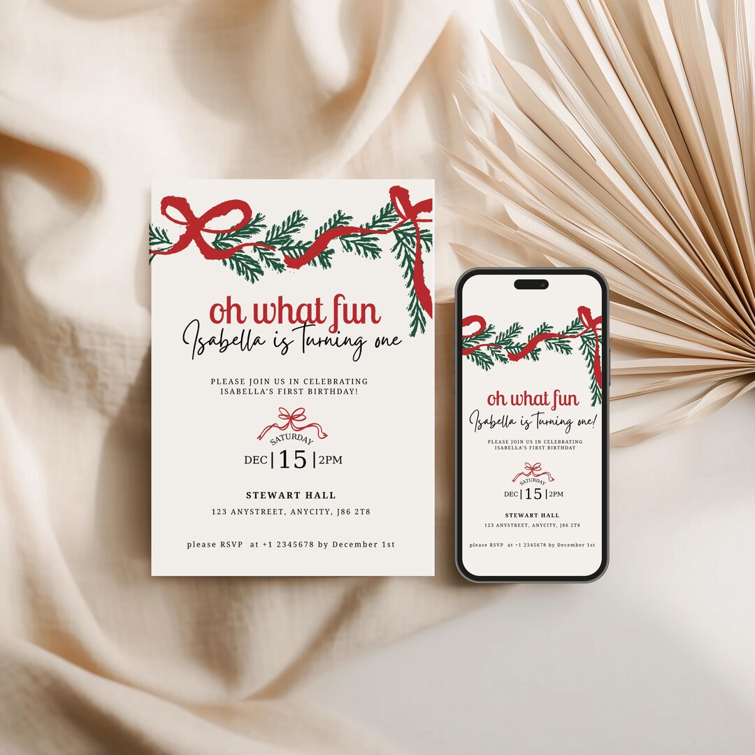 Oh What Fun Christmas Birthday Invitation L Holiday First Birthday ...
