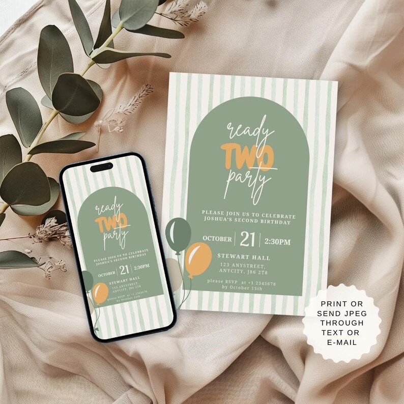 Ready Two Party Invitation | Boy 2nd Birthday Editable Invite | Green ...