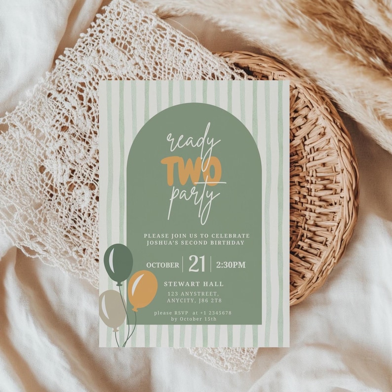 Ready Two Party Invitation | Boy 2nd Birthday Editable Invite | Green ...