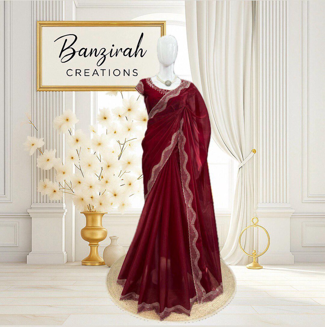 Maroon Jimmy Chu Saree: Hot Fix Embellishment, Unstitched Blouse - Etsy
