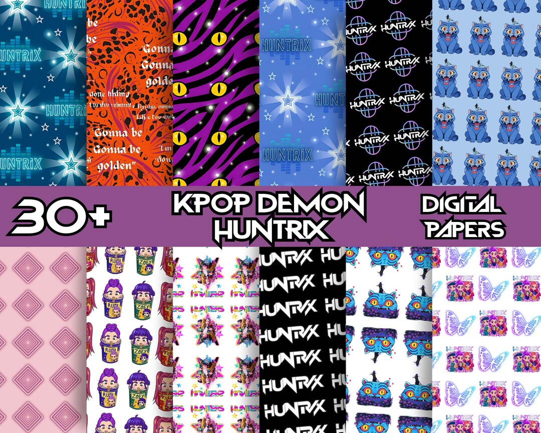 Demon Hunters Digital Paper, 30 Huntrix Wallpaper, Gifts Wrapping Paper ...