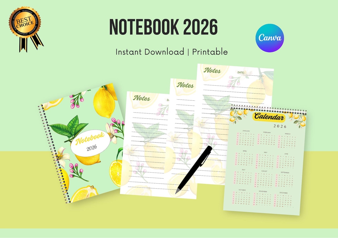 Notebook 2026 Editable in Canva, Lemon Notebook Printable 33 Pages With ...