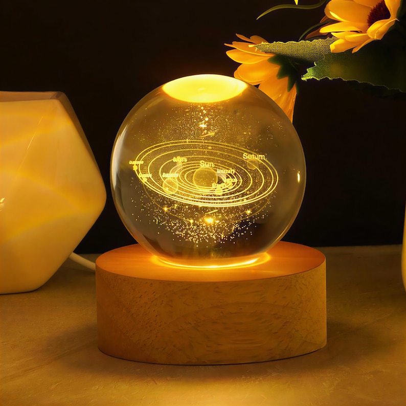 Crystal Solar System Night Light – 3D Engraved Galaxy Lamp With Wooden ...
