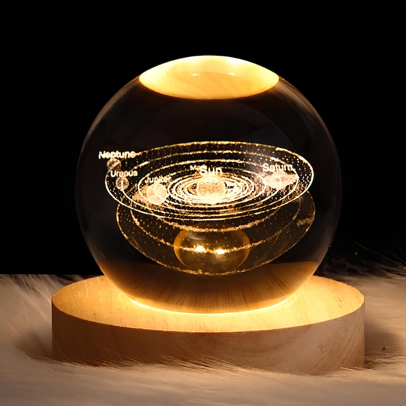 Crystal Solar System Night Light – 3D Engraved Galaxy Lamp With Wooden ...