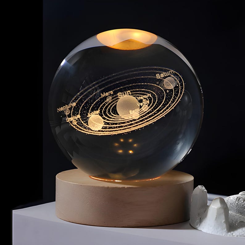 Crystal Solar System Night Light – 3D Engraved Galaxy Lamp With Wooden ...