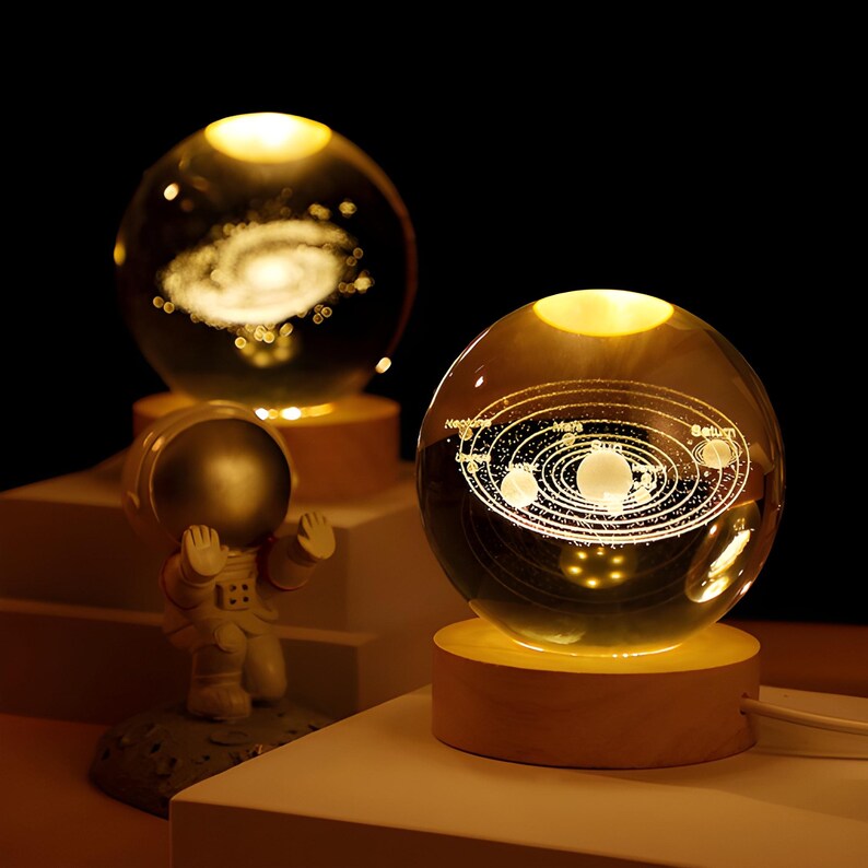 Crystal Solar System Night Light – 3D Engraved Galaxy Lamp With Wooden ...
