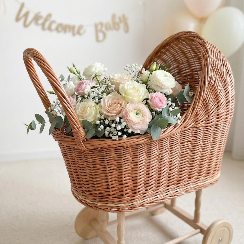 Wicker Baby White Carriage Decoration for Shower | Wicker Pram ...