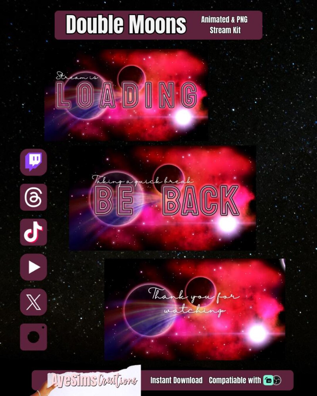 Animated Double Moons | Stream Overlays | Starting, BRB, Ending + - Etsy