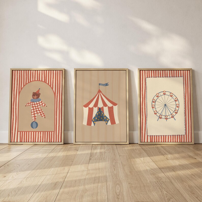 Vintage Circus Nursery Prints Set of 3, Hand Drawn Kids Room Wall Art ...