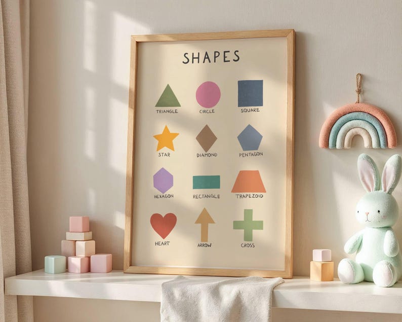 Shapes Educational Poster, Learning Geometric Print, Rainbow Preschool ...