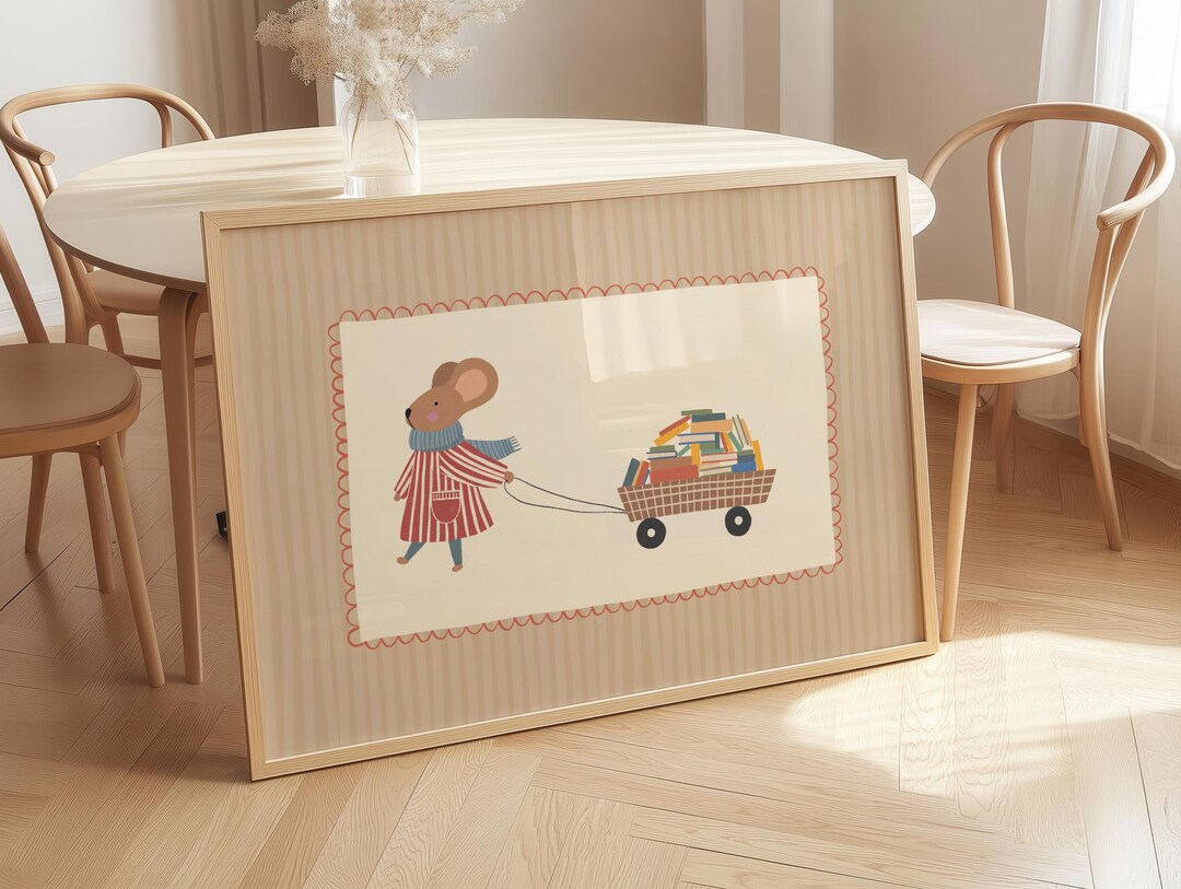 Whimsical Mouse Pulling a Cart of Books Printable Wall Art, Beige ...