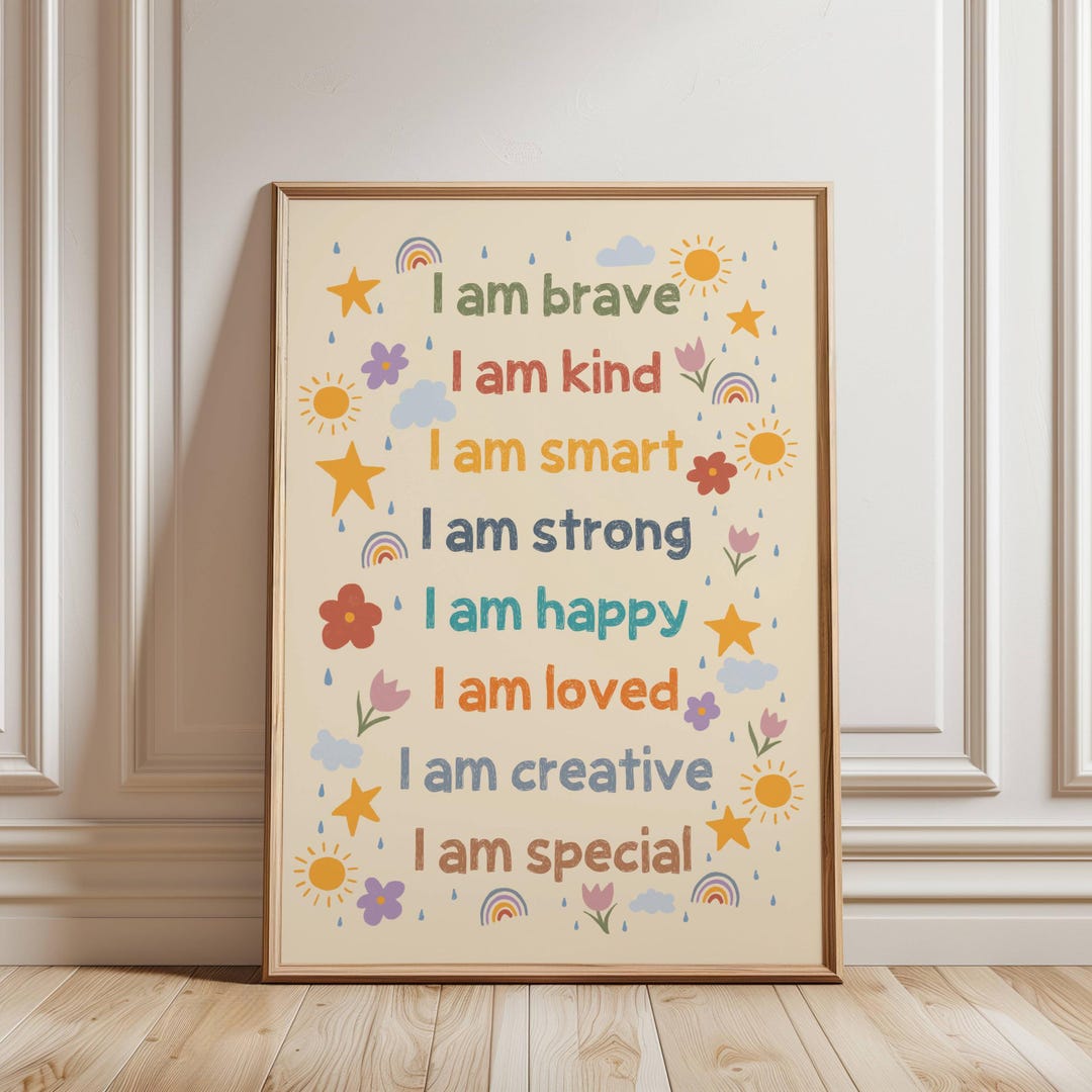 Kids Affirmation Poster, I Am Kind I Am Brave Nursery Wall Art, Calming ...