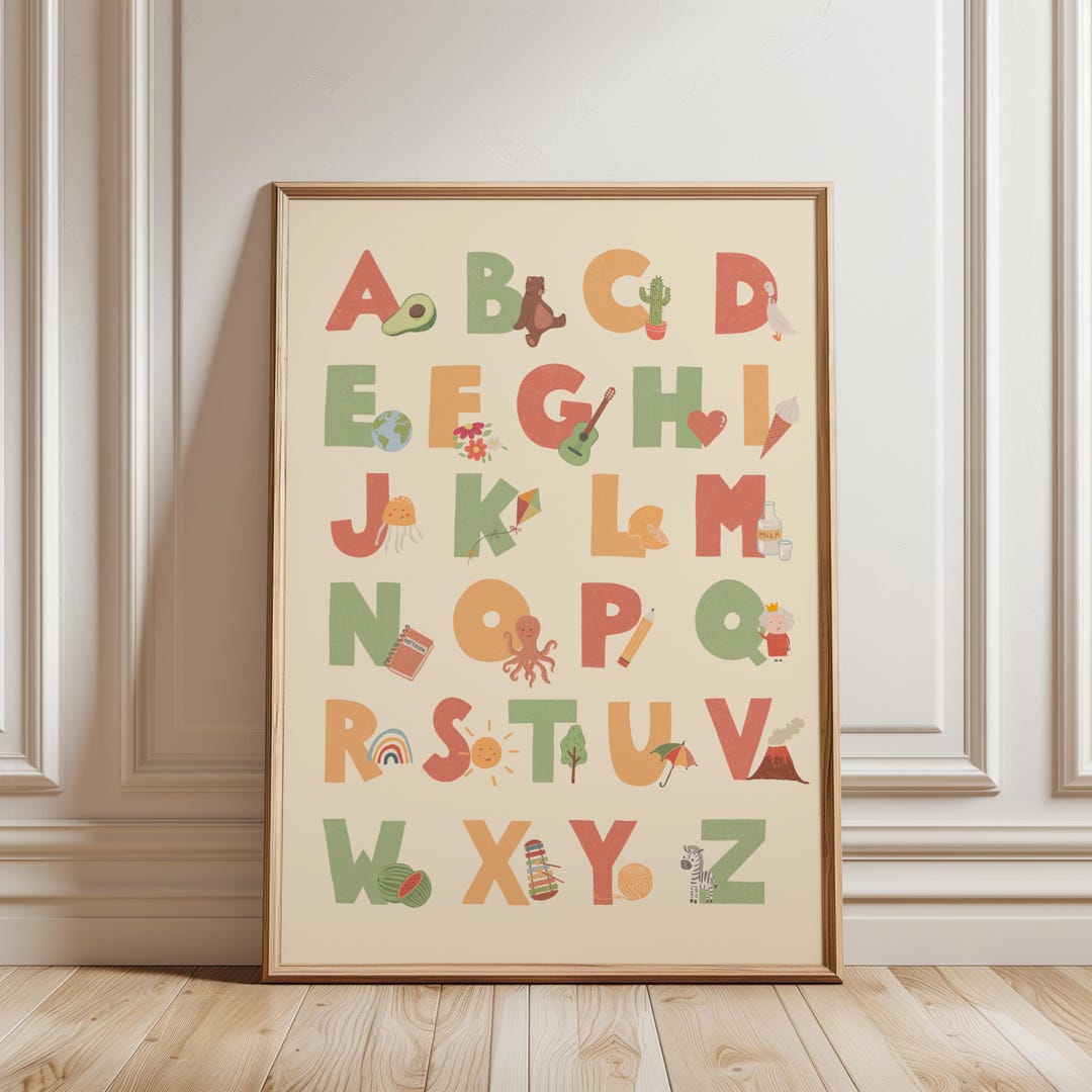 Colorful Alphabet Poster With Illustrated Pictures, ABC Wall Art for ...