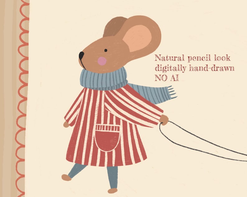 Whimsical Mouse Pulling a Cart of Books Printable Wall Art, Beige ...