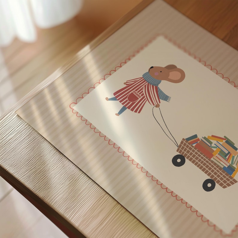 Whimsical Mouse Pulling a Cart of Books Printable Wall Art, Beige ...