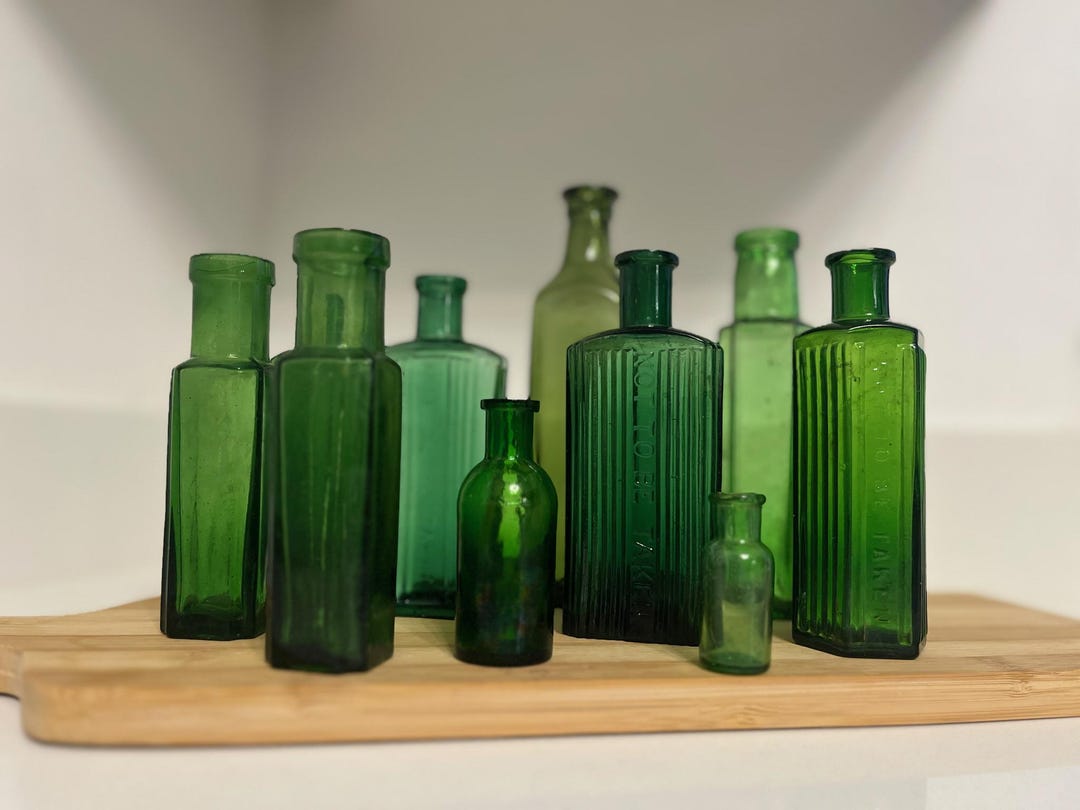 Vintage Antique Chemist & Poison Bottles, Emerald Green Glass ...
