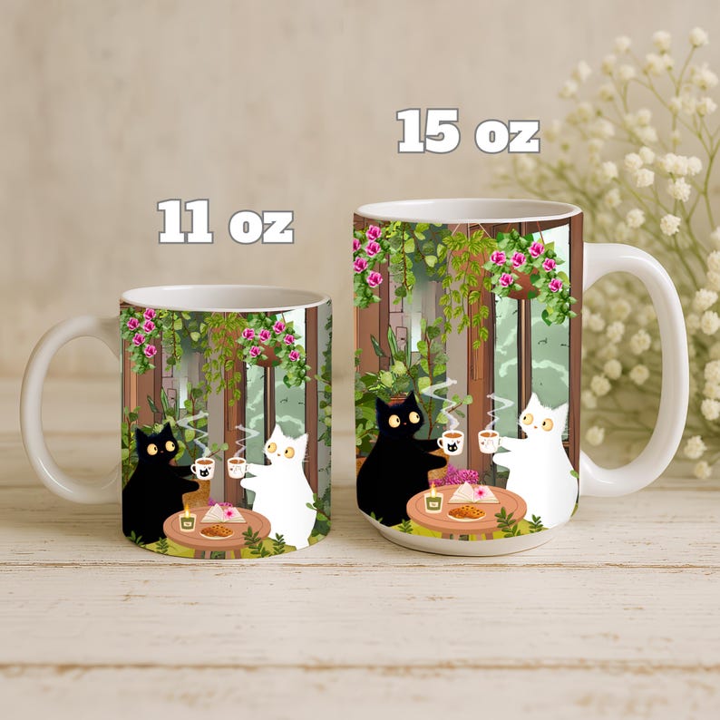 White Cat Mug Black Cat Lover Coffee Mug Cozy Garden Scene Coffe Mug ...