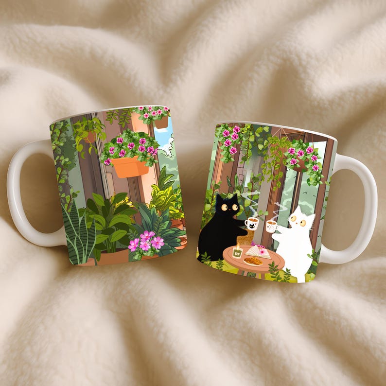White Cat Mug Black Cat Lover Coffee Mug Cozy Garden Scene Coffe Mug ...