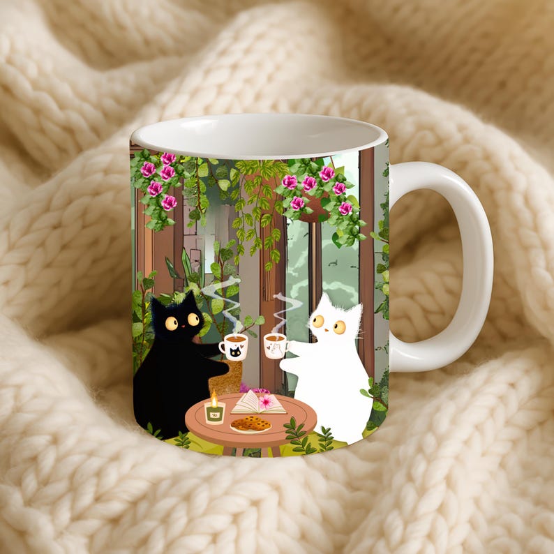 White Cat Mug Black Cat Lover Coffee Mug Cozy Garden Scene Coffe Mug ...
