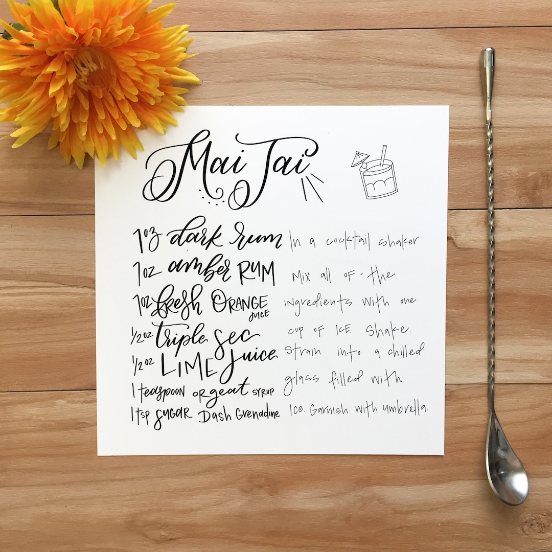 Mai Tai - Calligraphy Cocktail Recipe Print - Etsy