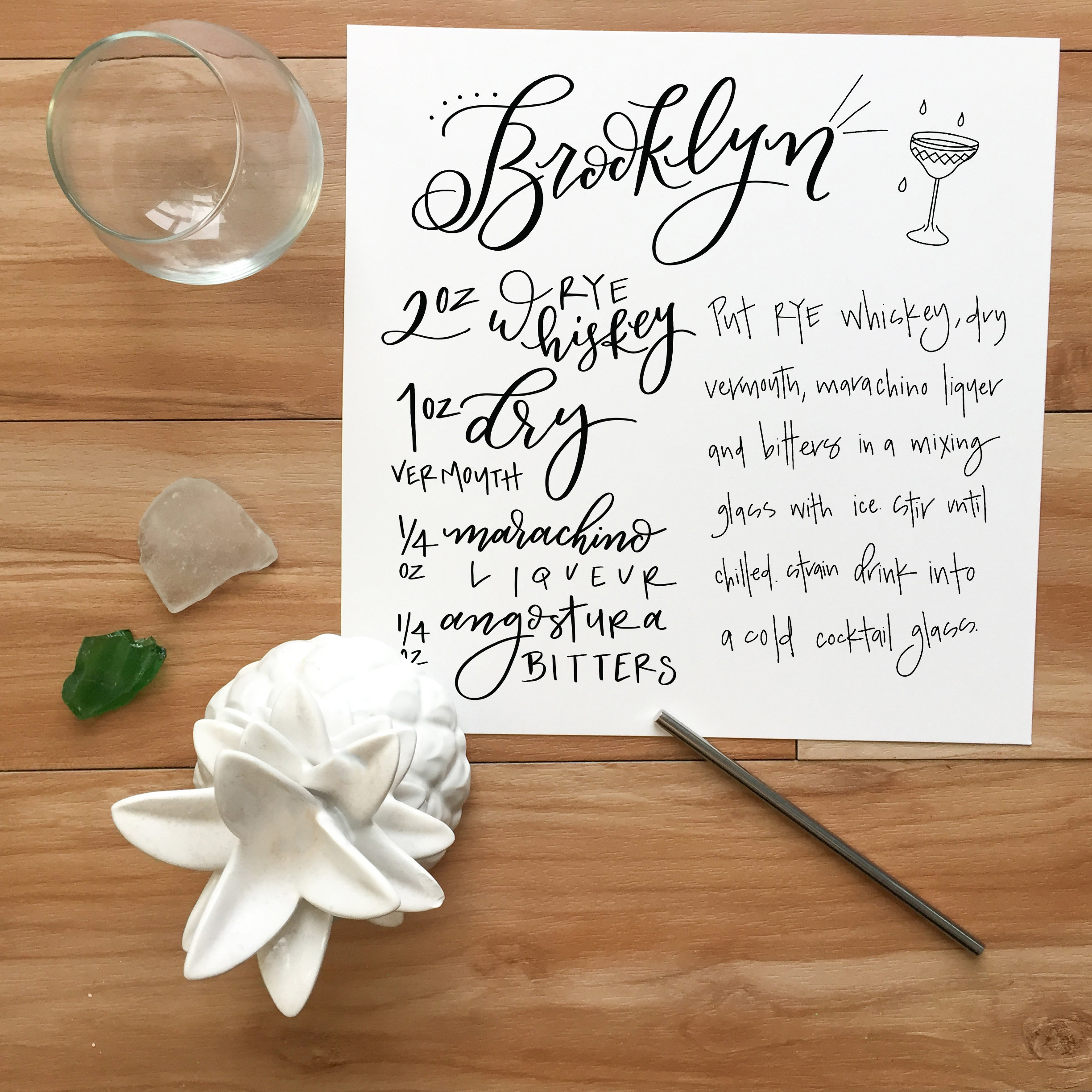 Brooklyn - Calligraphy Cocktail Recipe Print - Etsy
