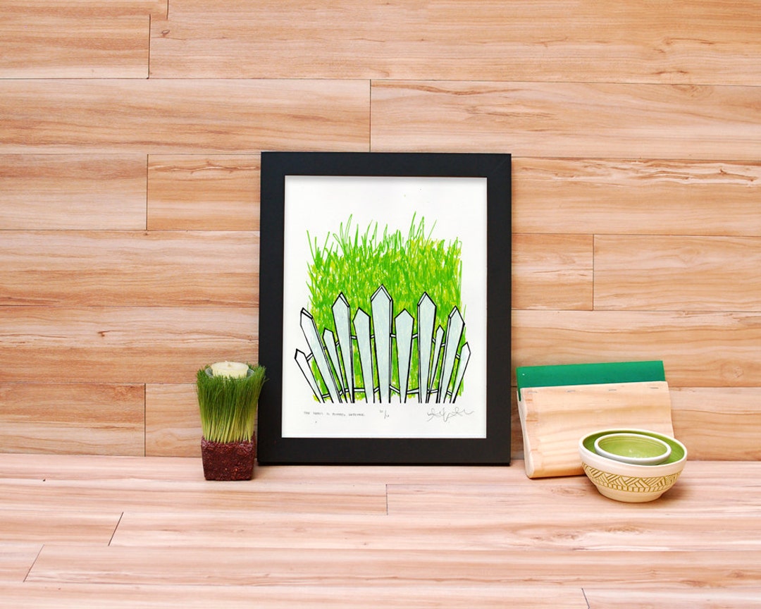 The Grass is Always Greener Serigraph- Grass and Fence Screenprint - Etsy